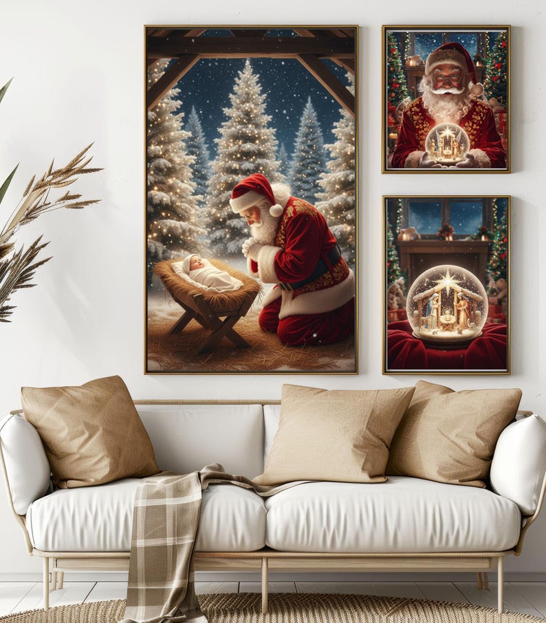 Vintage Santa Nativity Scene Christmas Wall Art Print Set (digital ...