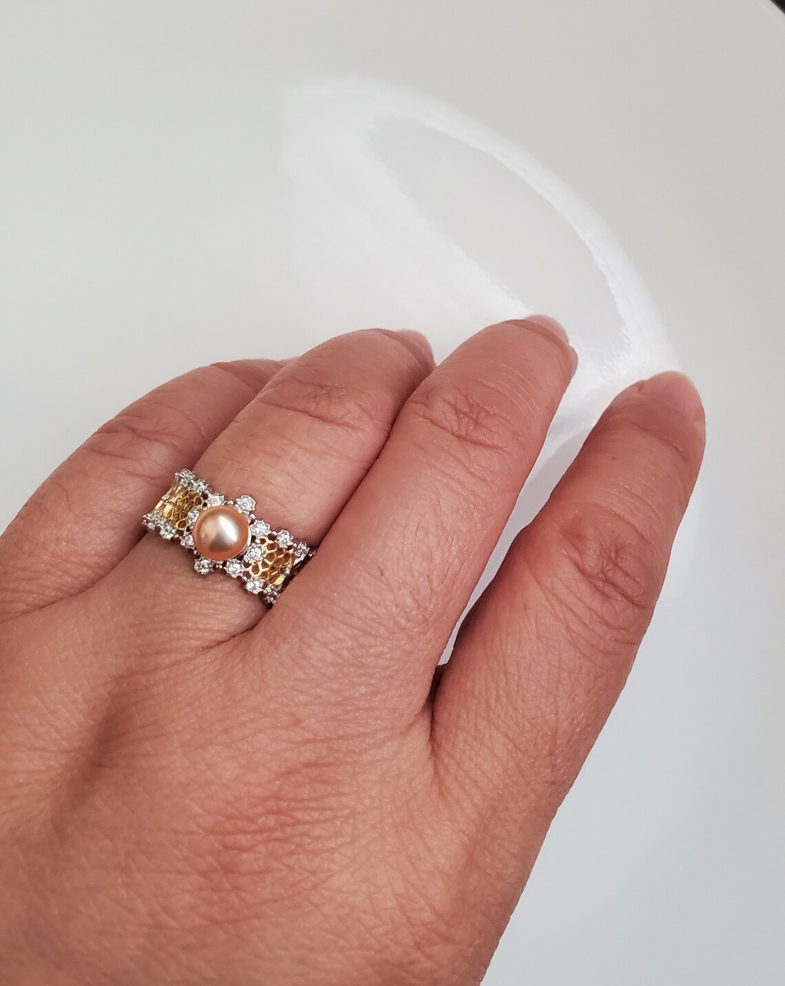 Cultured Freshwater Pearl Finger Ring Sterling Silver Cubic | Etsy