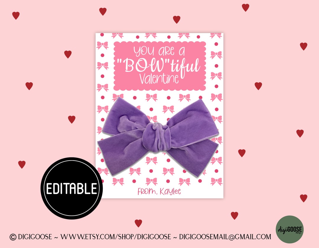 EDITABLE Hair Bow Valentine Card / Valentine Printable for Kids / Girl ...