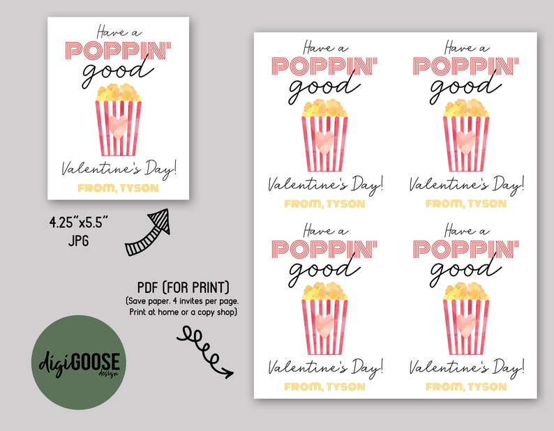 EDITABLE Popcorn Valentine Card / Valentine Printable for Kids | Etsy