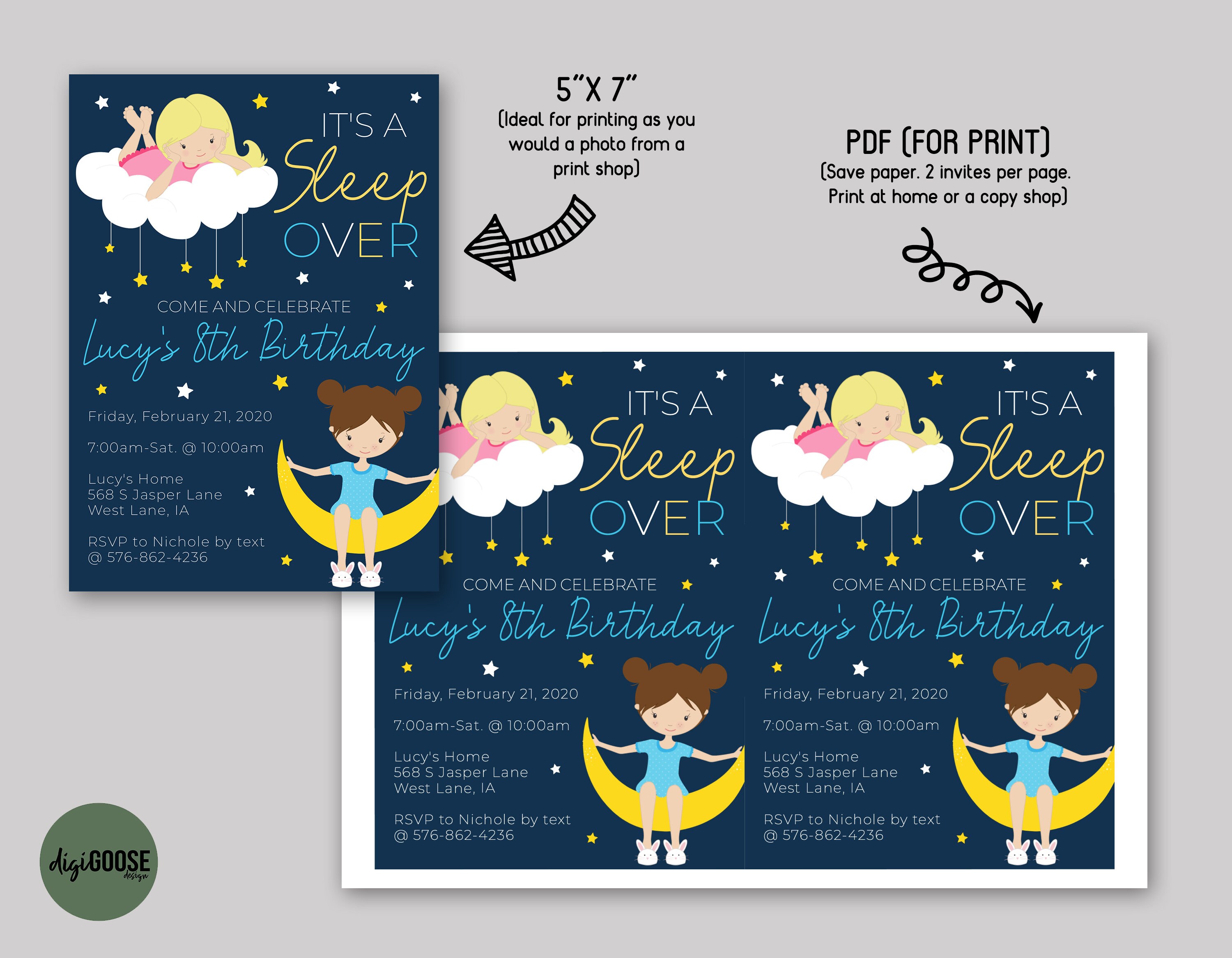 EDITABLE, Sleepover Invitation TEMPLATE, Printable Sleep Over Invite ...