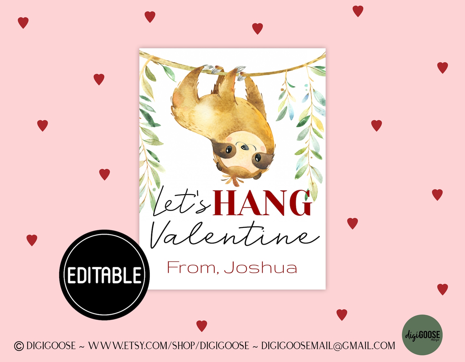 EDITABLE SLOTH Valentine Card / Valentine Printable for Kids / Sloth ...