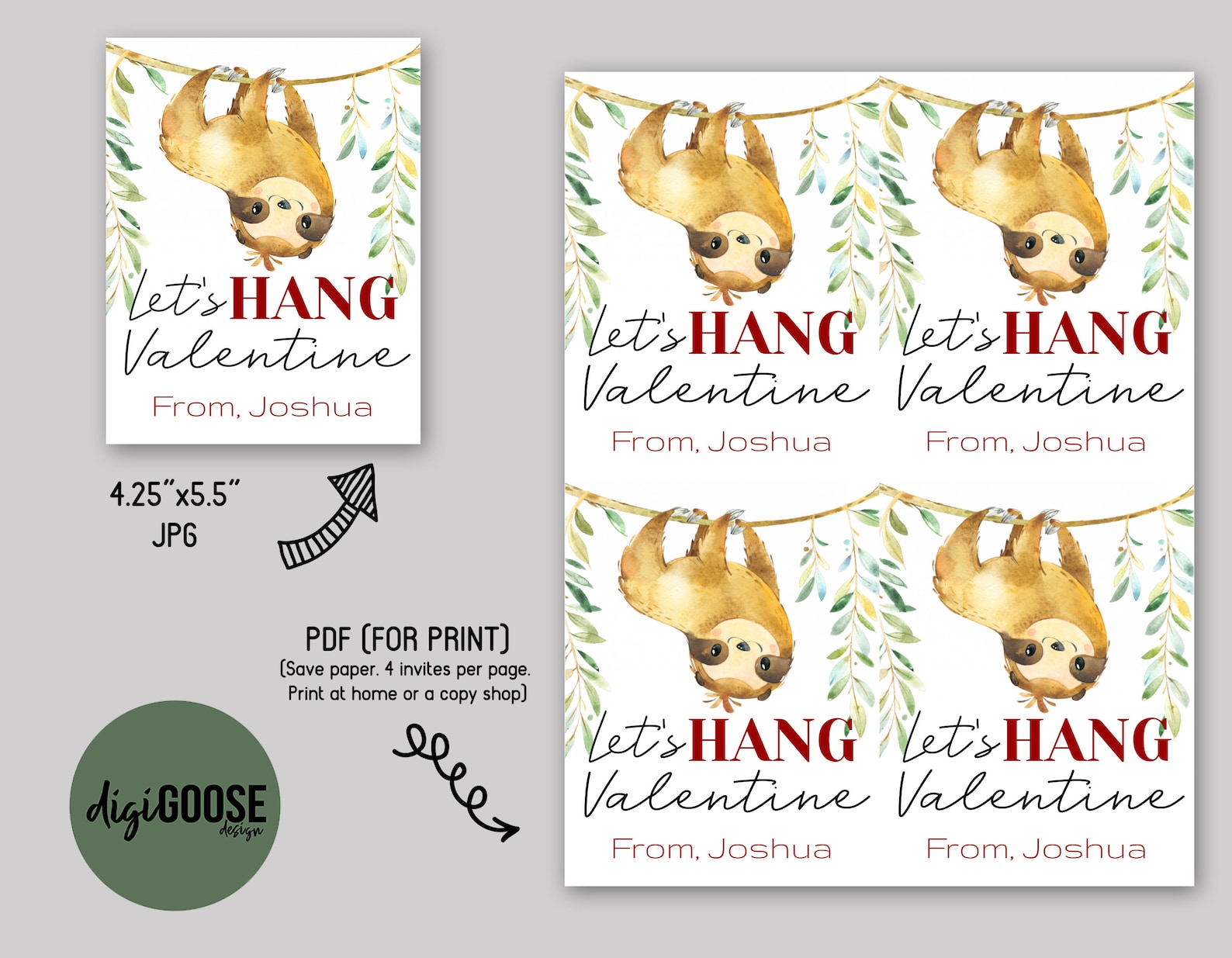 EDITABLE SLOTH Valentine Card / Valentine Printable for Kids / Sloth ...