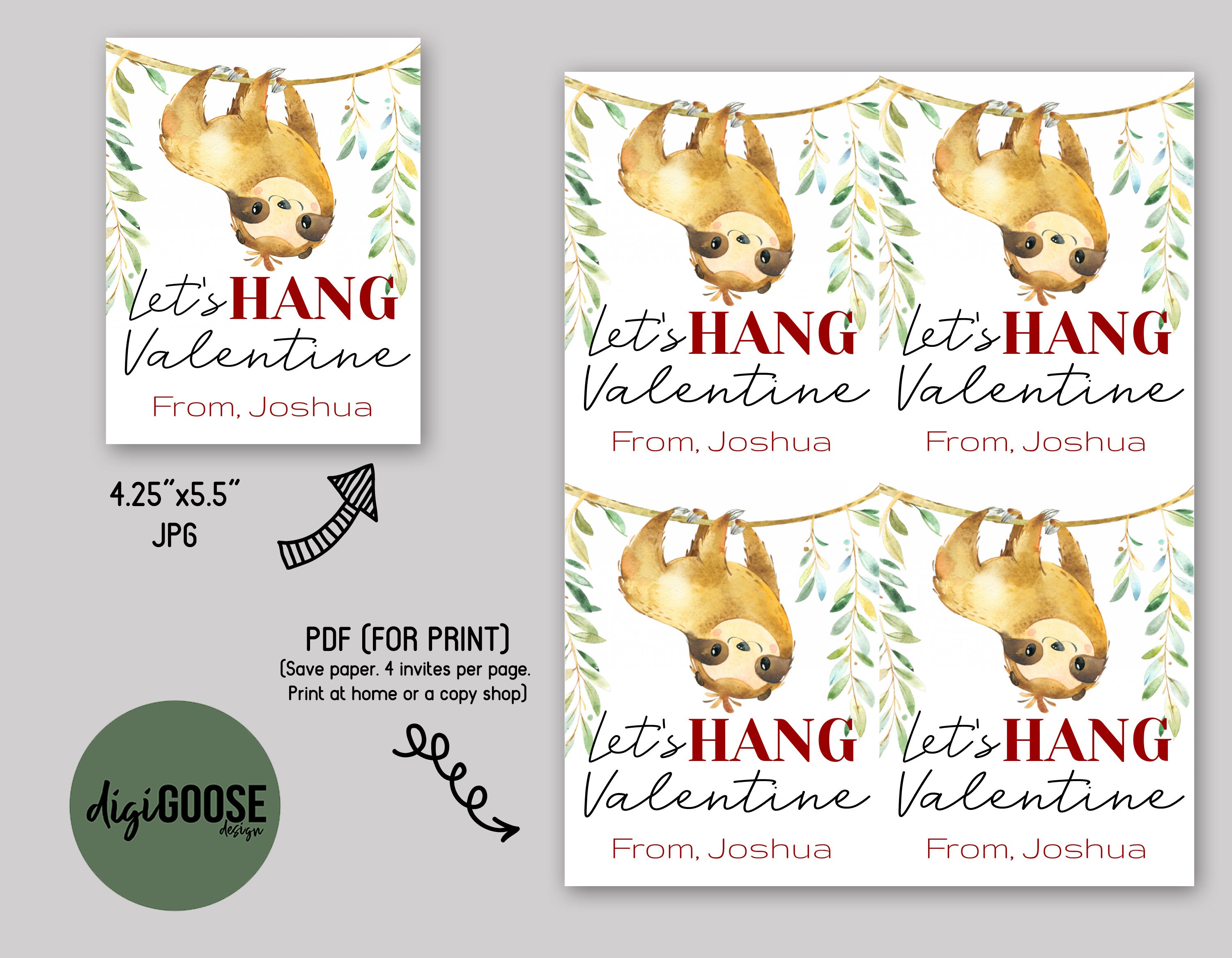 EDITABLE SLOTH Valentine Card / Valentine Printable for Kids / Sloth ...