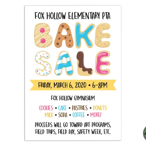 Bake Sale Flyer PTA PTO School Fundraiser Church Charity Event - Etsy