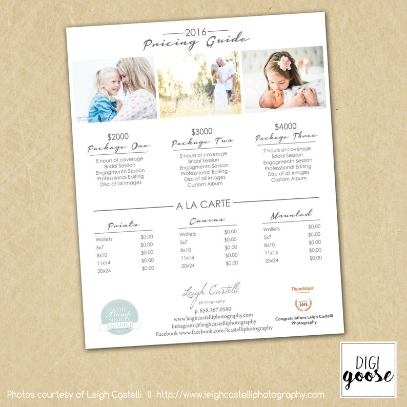 Photography Price List Template - Pricing Guide - Sell Sheet ...