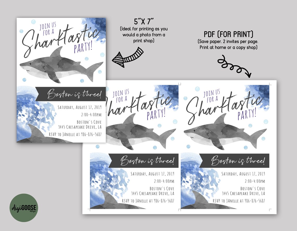 EDITABLE, SHARK Invitation, Shark Birthday Party Invitation, Shark ...