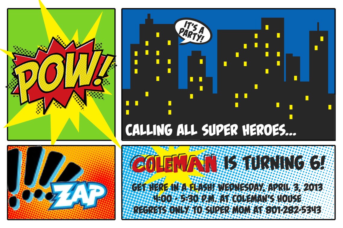 Super Hero Super Hero Birthday Invitation -- Comic Book Invite ...
