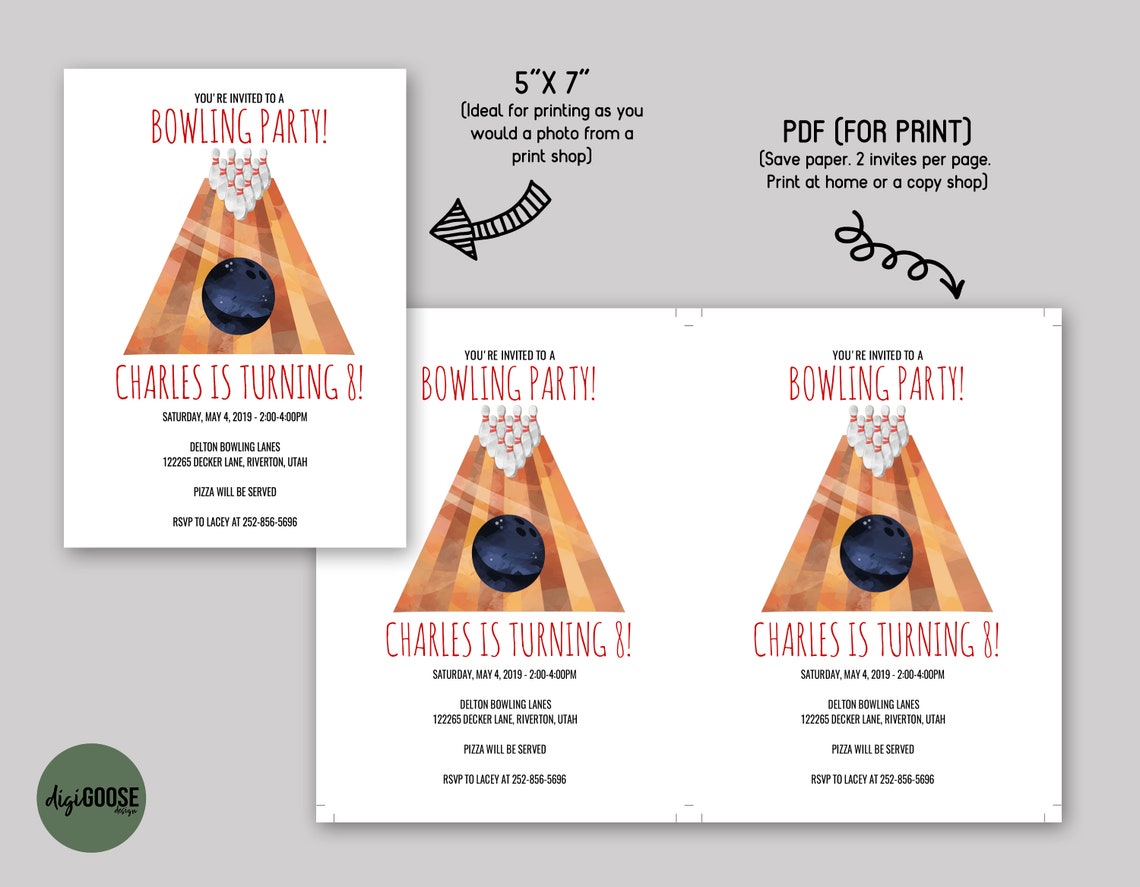 BOWLING Party Invitation TEMPLATE, Printable Bowling Birthday Invite ...