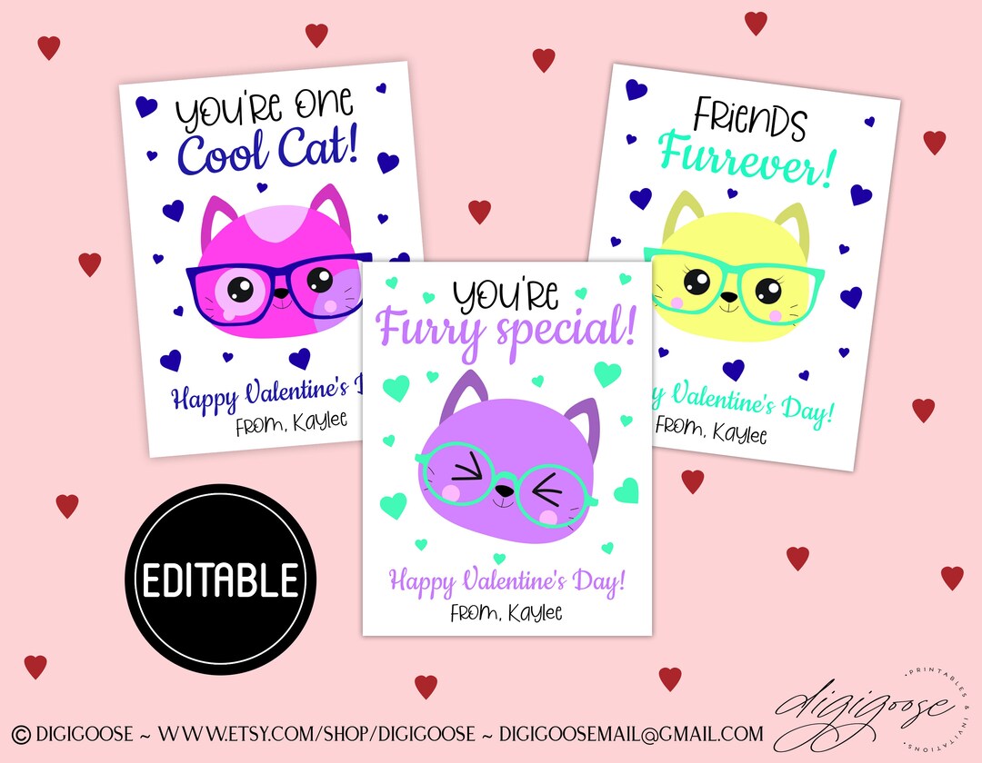 EDITABLE Cat Valentine Card / Valentine Printable for Kids / Kitty Cat ...