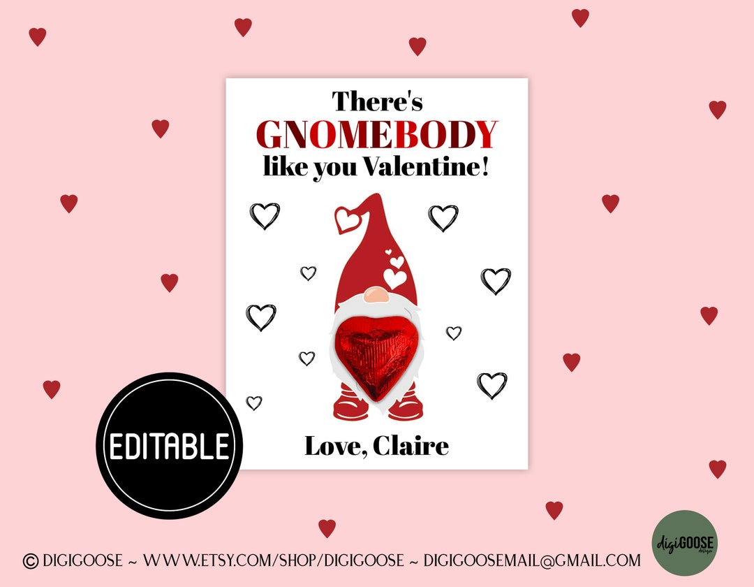 EDITABLE GNOME Valentine Card / Valentine Printable for Kids / Gnome ...