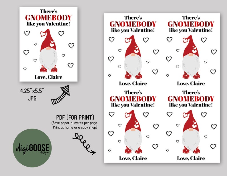 EDITABLE GNOME Valentine Card / Valentine Printable for Kids / Gnome ...