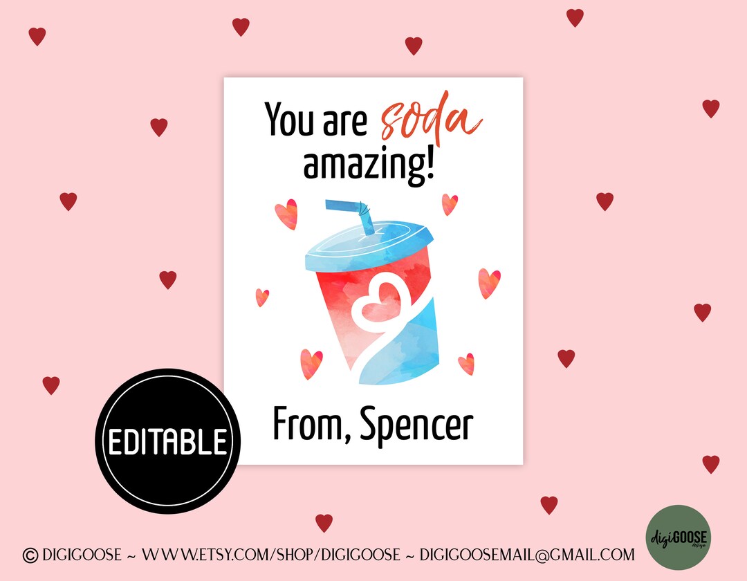 EDITABLE SODA Valentine Card / Valentine Printable for Kids / Soda ...