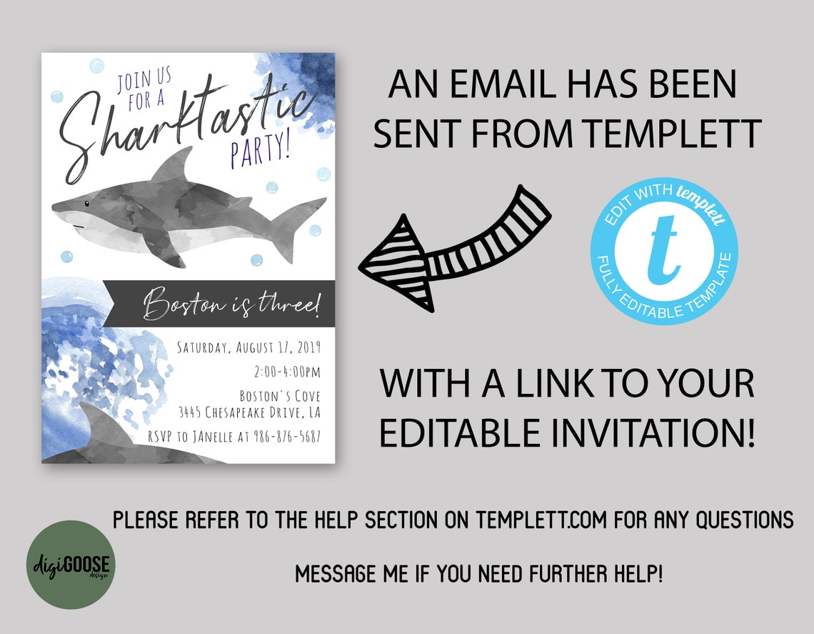 EDITABLE SHARK Invitation Shark Birthday Party Invitation | Etsy