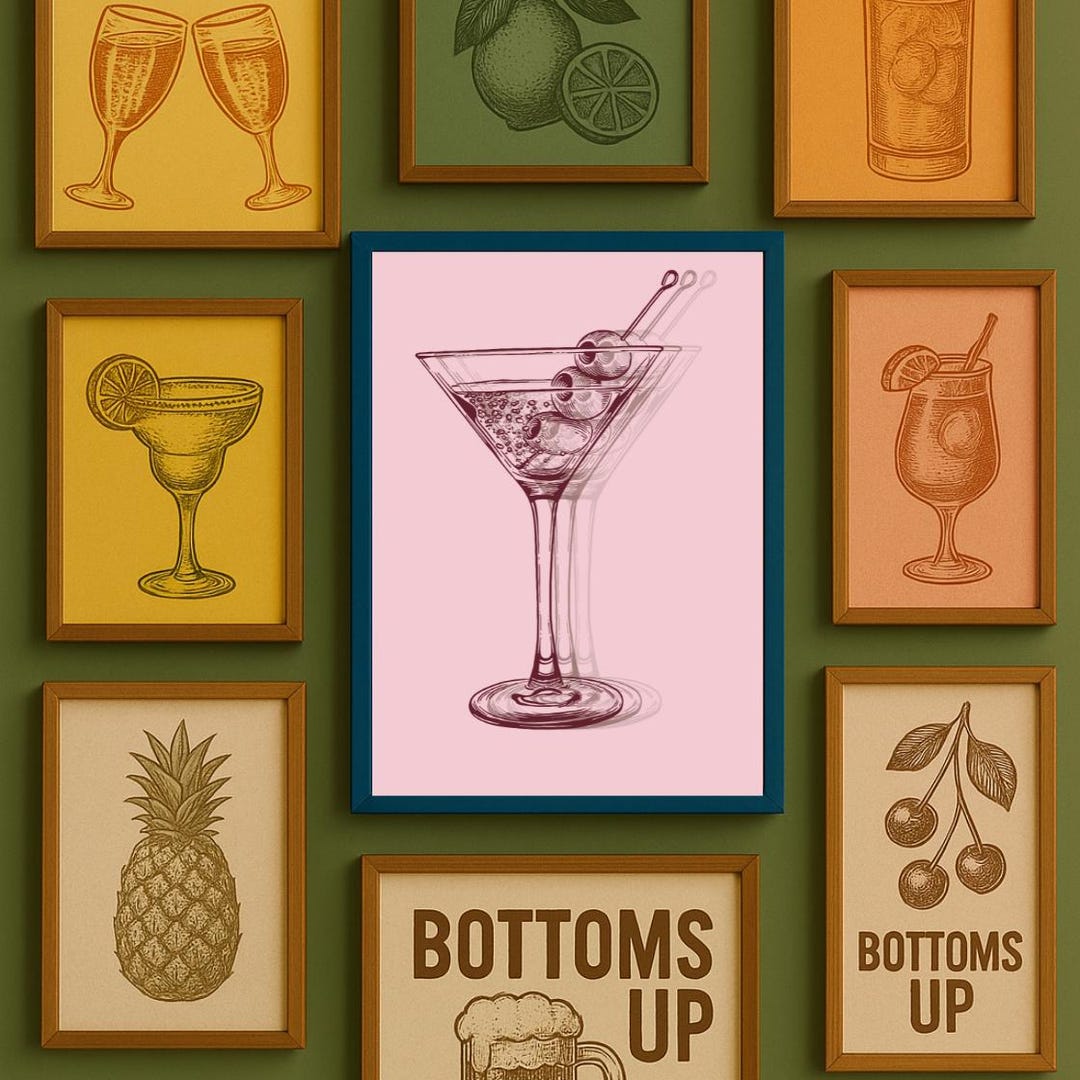 Dizzy Martini Glass Digital Download | Retro Bar Wall Art | Cocktail ...