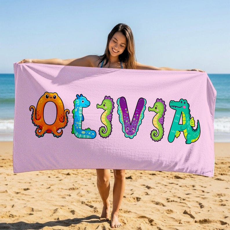 Custom Name Tropical Animal Beach Towel, Personalized Kids Pool Towel ...
