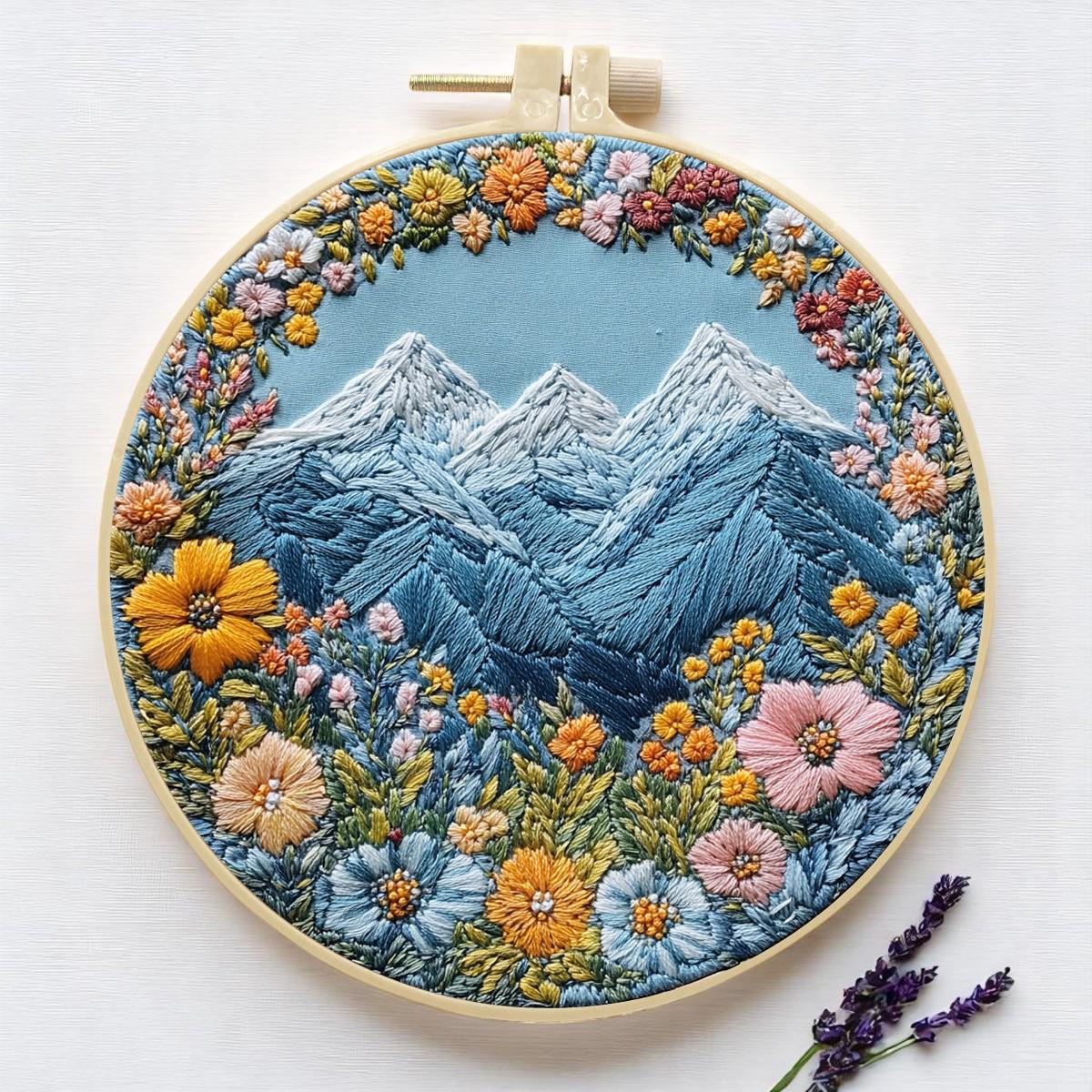 Mountain Landscape Embroidery Kit | 15cm DIY Floral Needlepoint Set ...