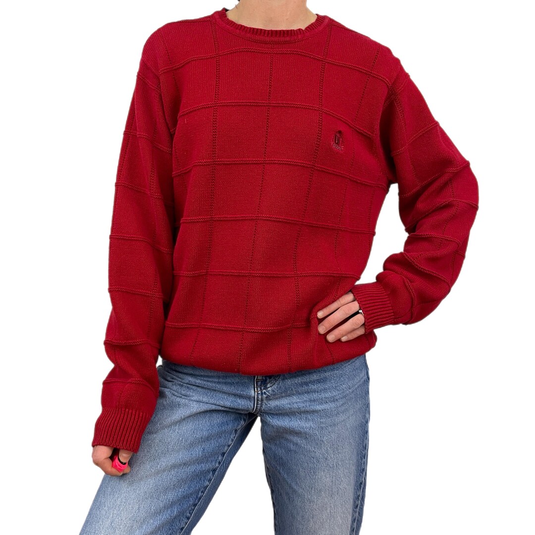 Vintage Red Grid Cotton Sweater, 42 Bust, Unisex, Gender Neutral, Men's ...