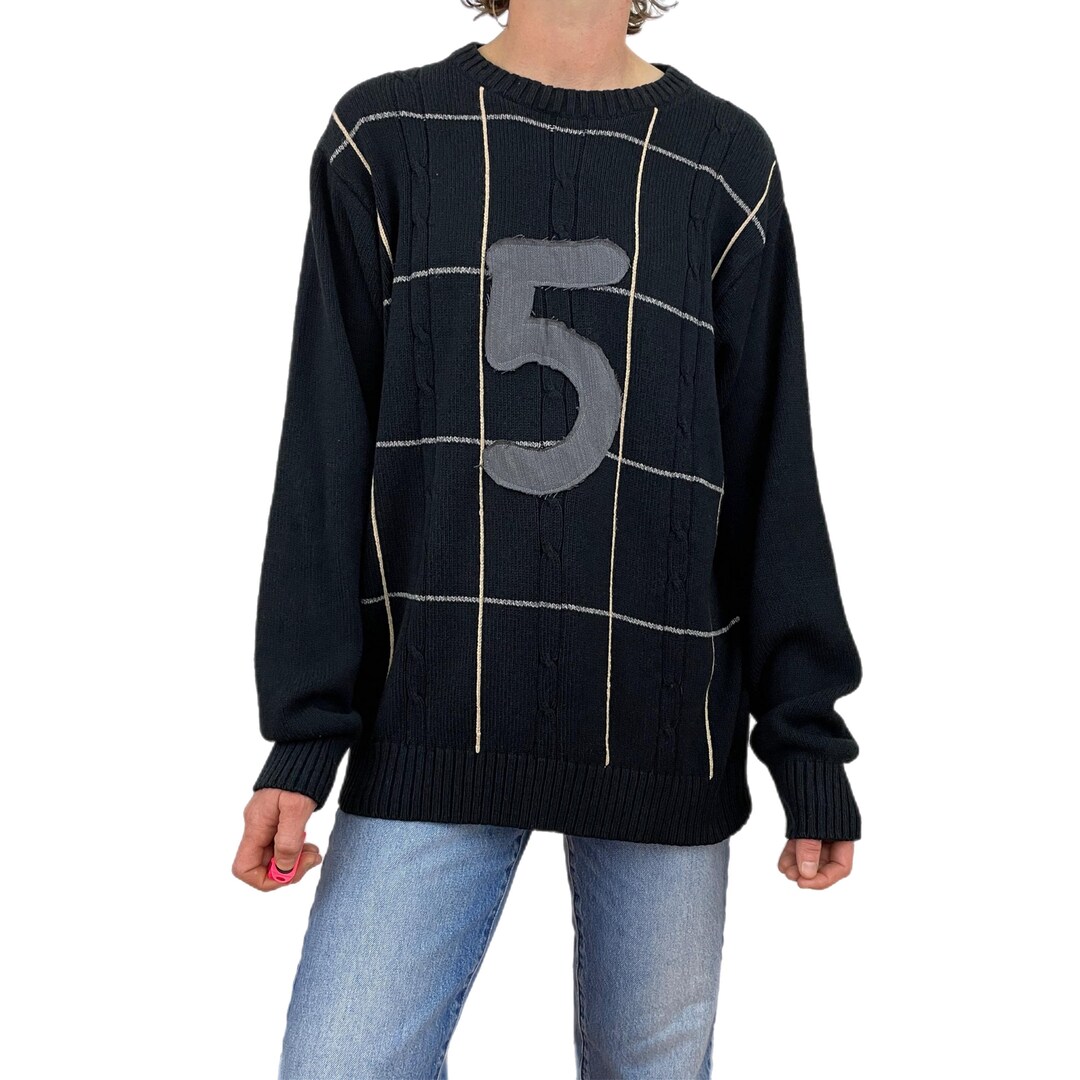 Vintage Upcycled Number 5 Sweater, Grid Pattern Sweater, 43" Bust ...