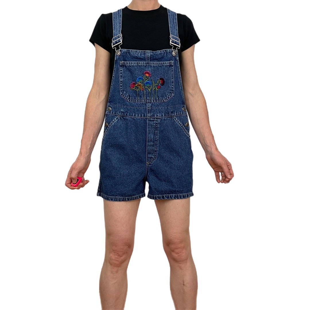Vintage Denim Shortalls, Overall Shorts, Petite, Flowers, Quirky, 29 ...