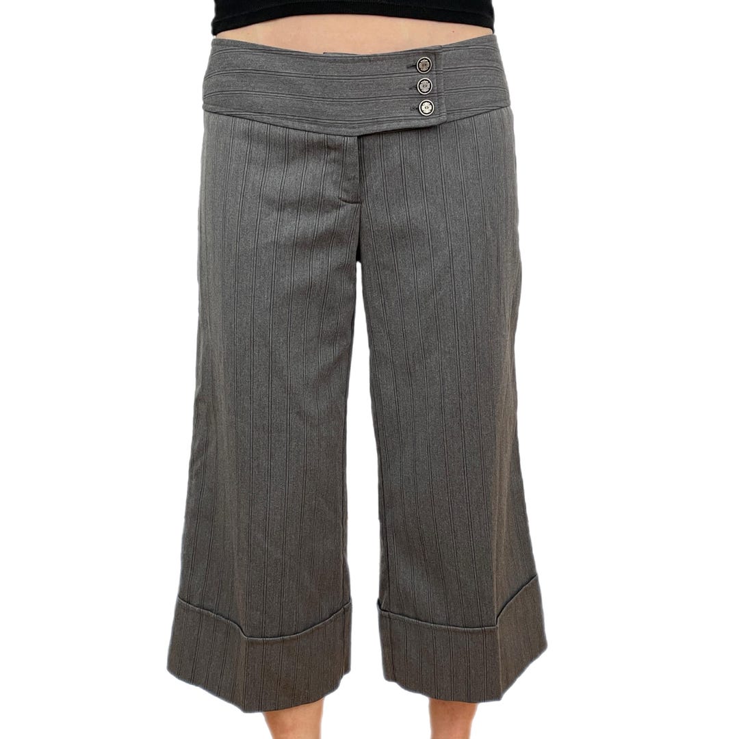 Vintage Y2K Low Waisted Charcoal Gray Pinstriped Trouser Capris, 30" Waistband, Office Siren ...