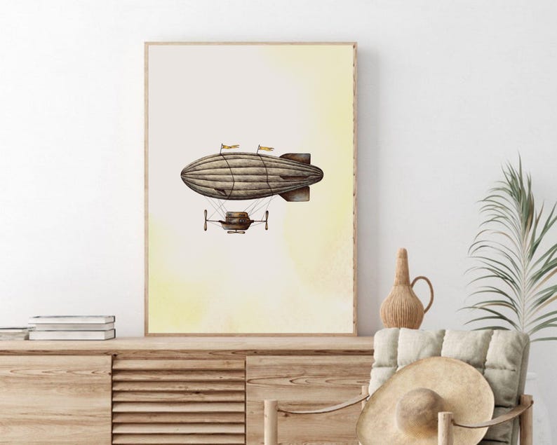 Vintage Blimp Printable Wall Art, Retro Airship Illustration, Aircraft ...