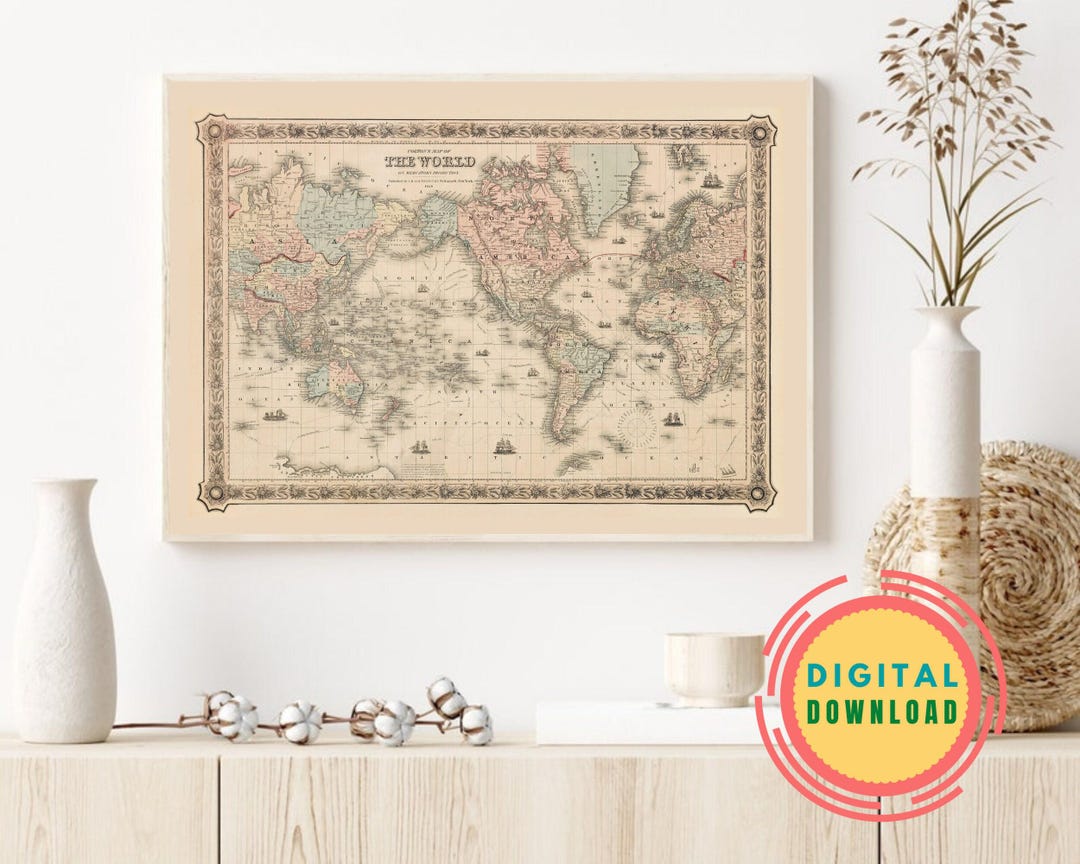 Printable World Map, Vintage Colton's Map of World Wall 1858 Art Print ...
