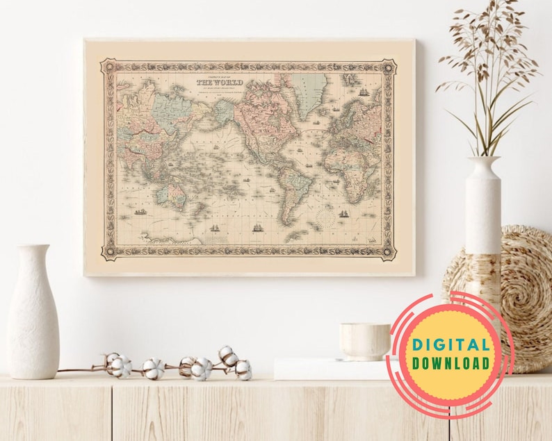 Printable World Map, Vintage Colton's Map of World Wall 1858 Art Print ...