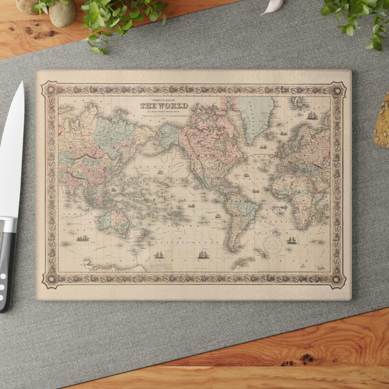 Antique J. H. Colton's World Map Glass Cutting Board 1858 Melcator's ...
