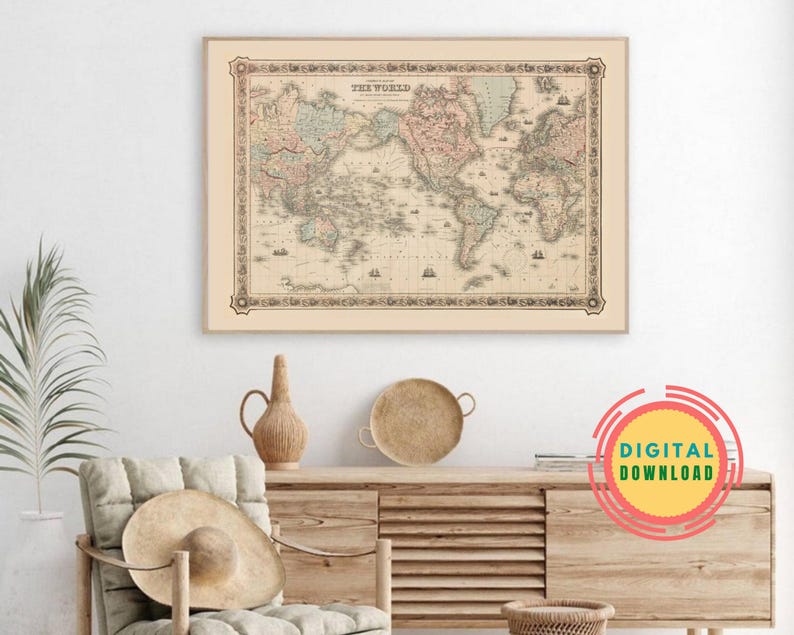 Printable World Map, Vintage Colton's Map of World Wall 1858 Art Print ...