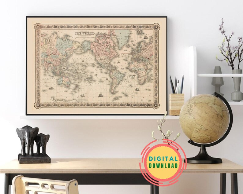 Printable World Map, Vintage Colton's Map of World Wall 1858 Art Print ...