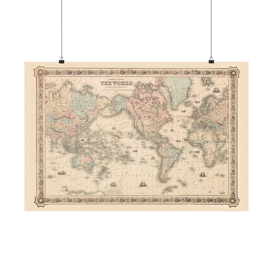 Satin Posters, Vintage Colton's Map of World Satin Poster, World Map ...
