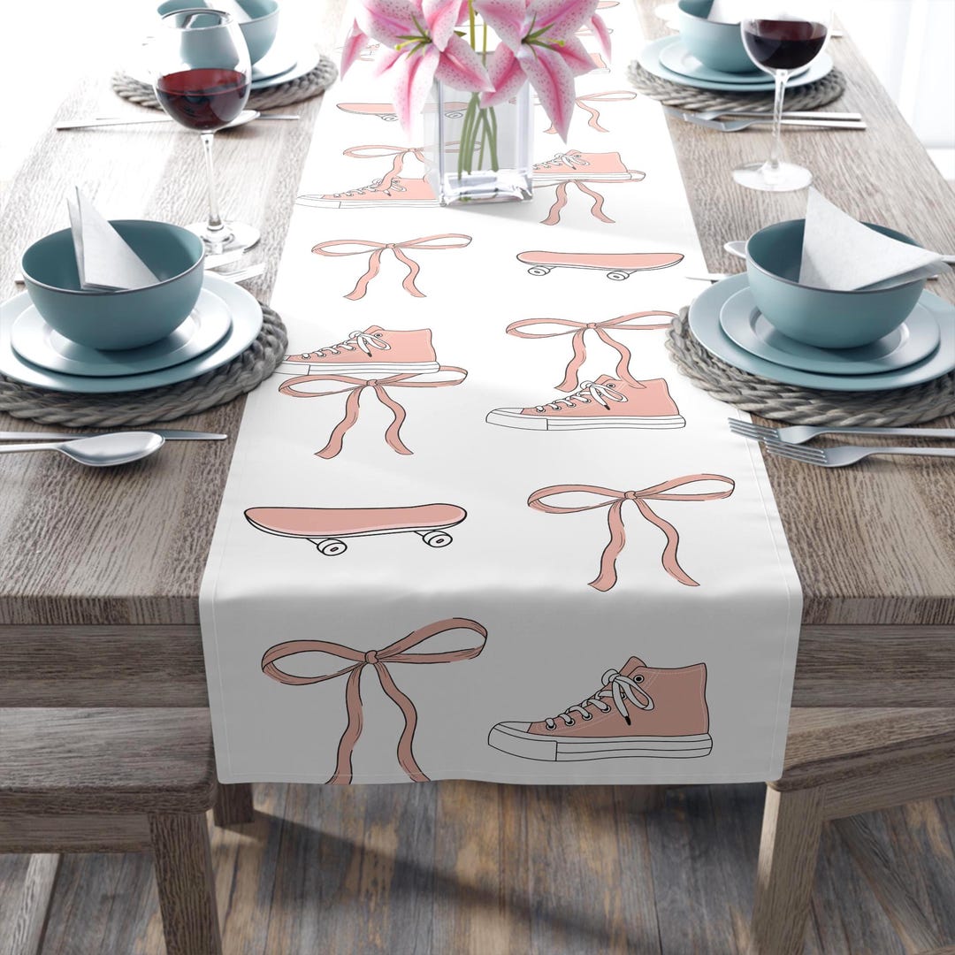 Pink Bow Table Runner Coquette Trendy Gift Cotton Poly Skateboard Sport ...