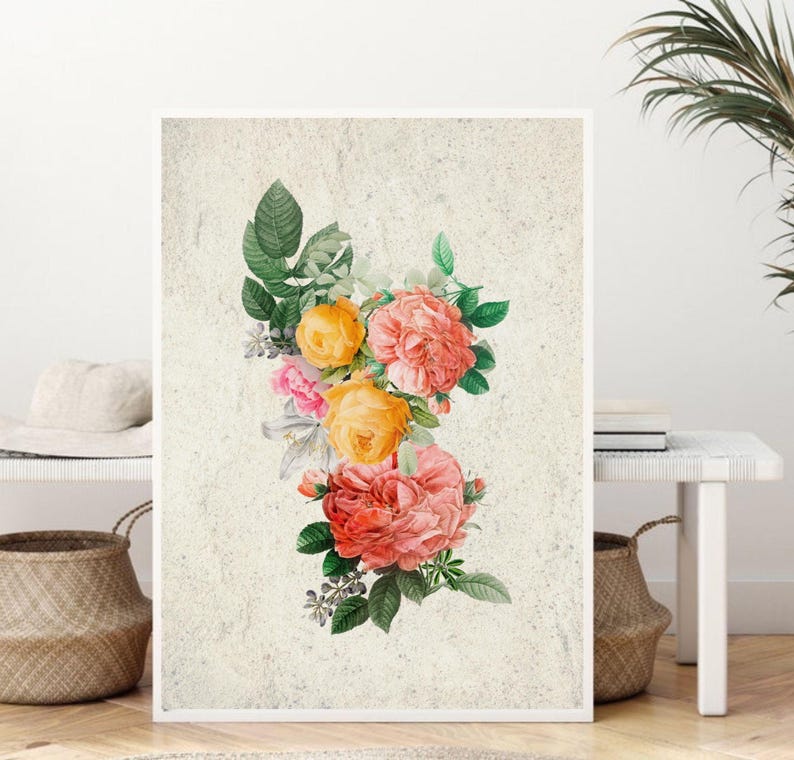 Vintage Flower Bouquet Printable Art, Antique Floral Wall Art Print ...