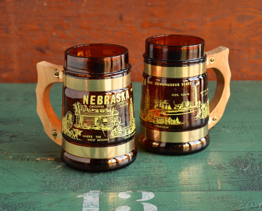 Nebraska Souvenir Glass Mugs With Wooden Handles, Brass Bands, Similar ...
