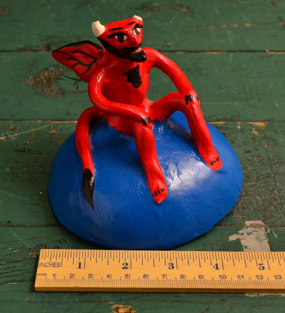 Folk Art Red Devil Sculpture, Sitting on a Blue Dome - Etsy
