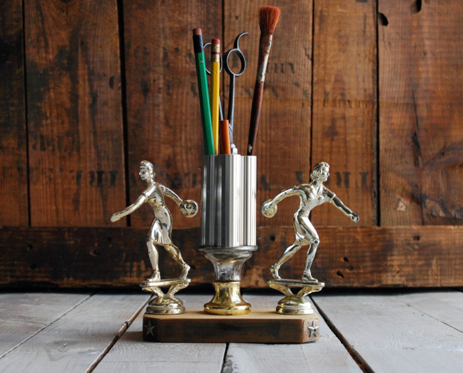 Twin Bowler Upcycled Trophy Pencil Holder Organizer, Upcycled Trophy ...