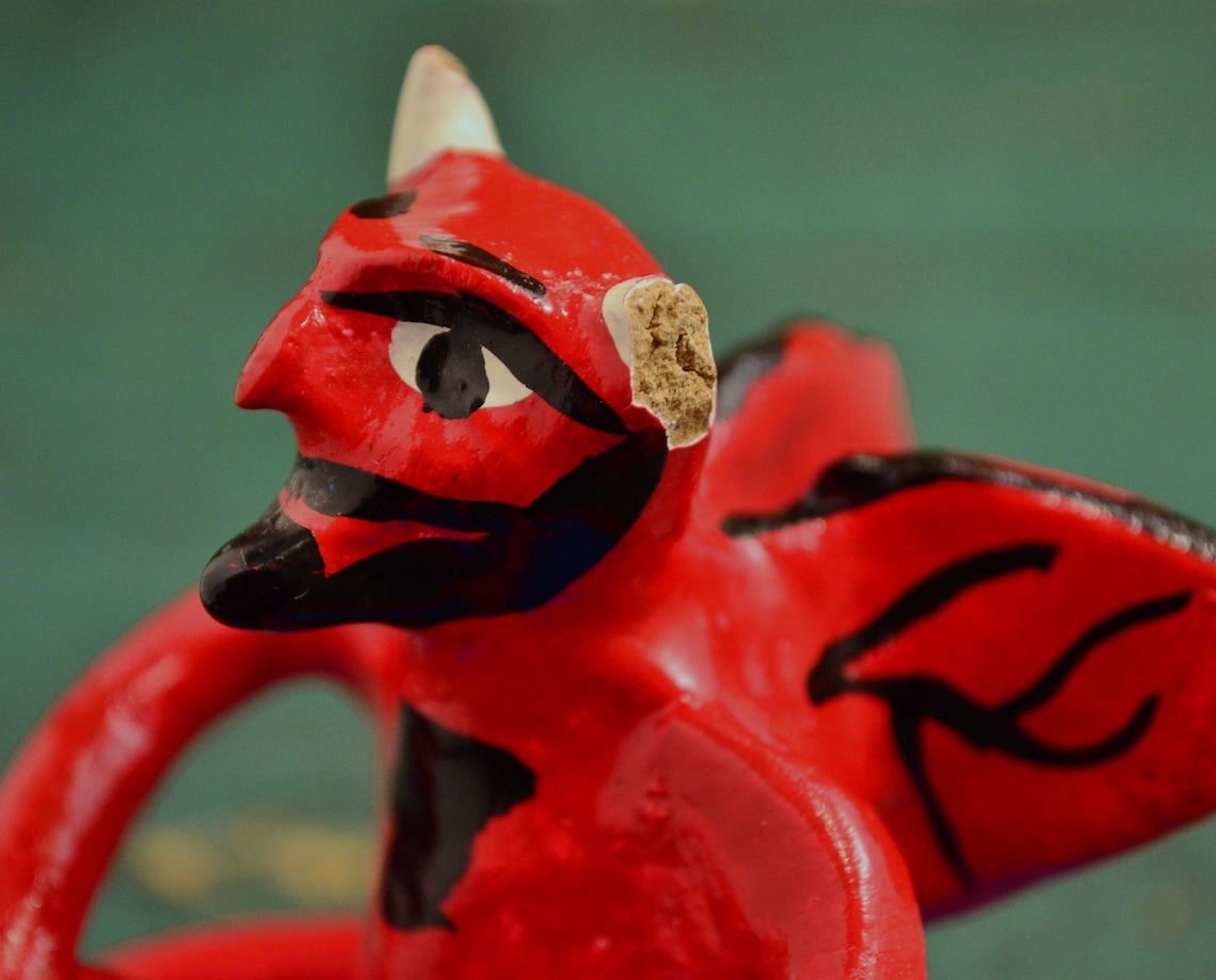 Folk Art Red Devil Sculpture, Sitting on a Blue Dome - Etsy