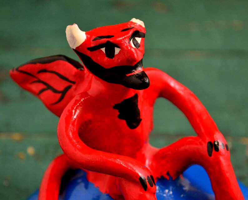 Folk Art Red Devil Sculpture, Sitting on a Blue Dome - Etsy