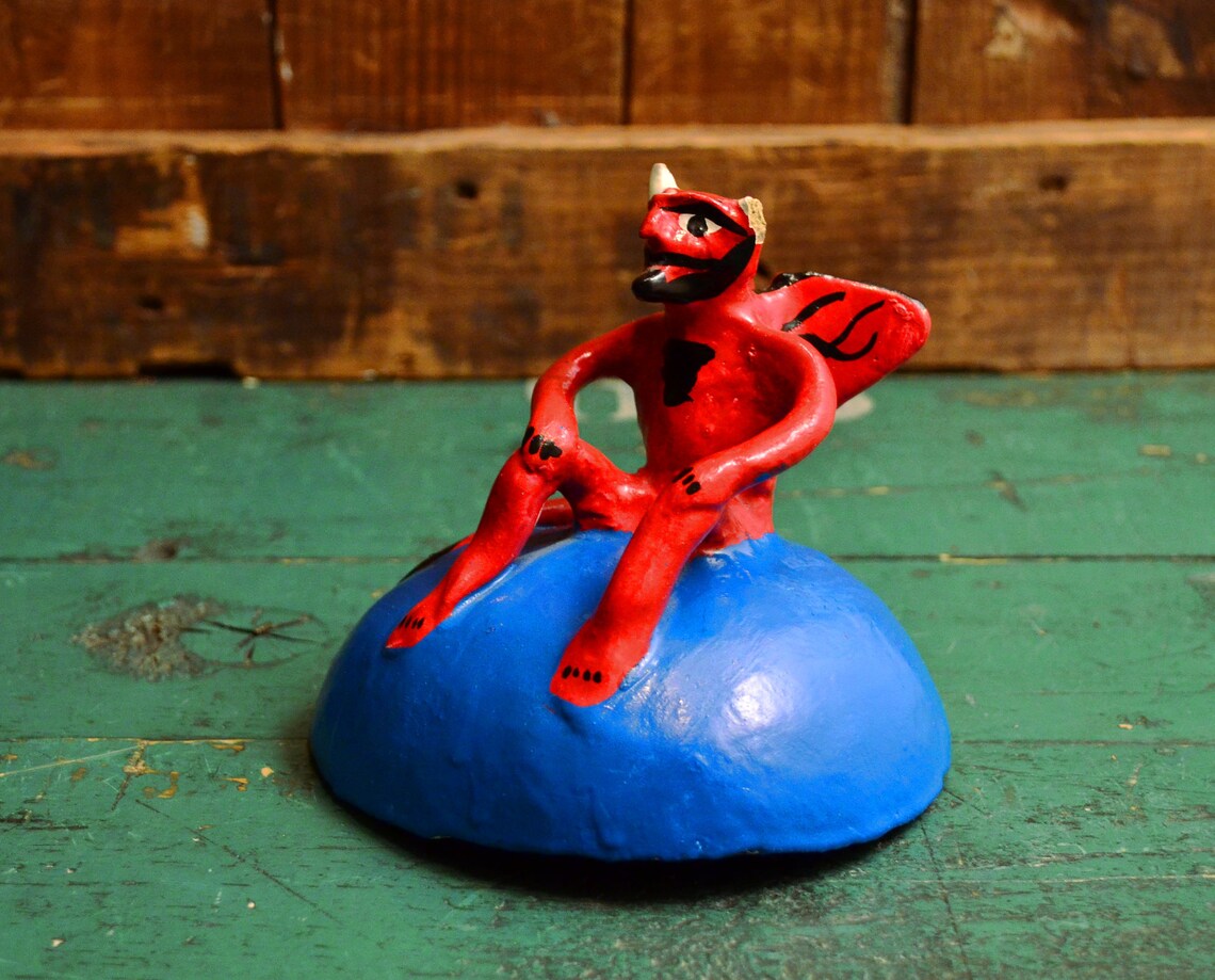 Folk Art Red Devil Sculpture, Sitting on a Blue Dome - Etsy