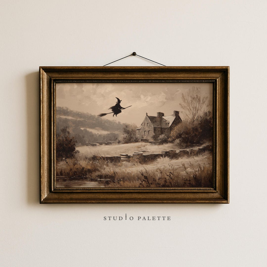 Flying Witch Halloween Printable, Gothic Cottagecore Wall Art, Spooky ...