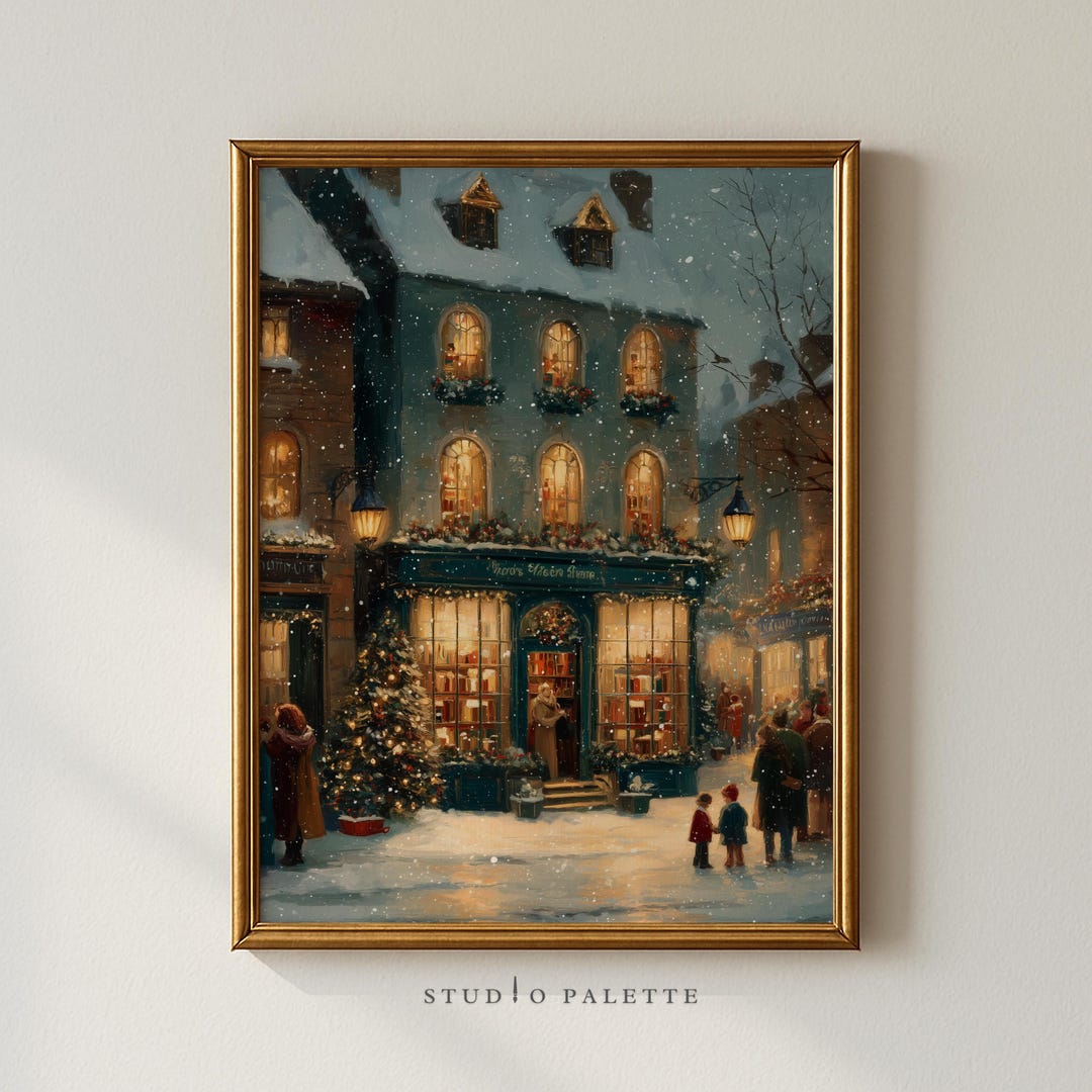 Vintage Christmas Bookstore Wall Art, Cozy Winter Street Scene Print ...