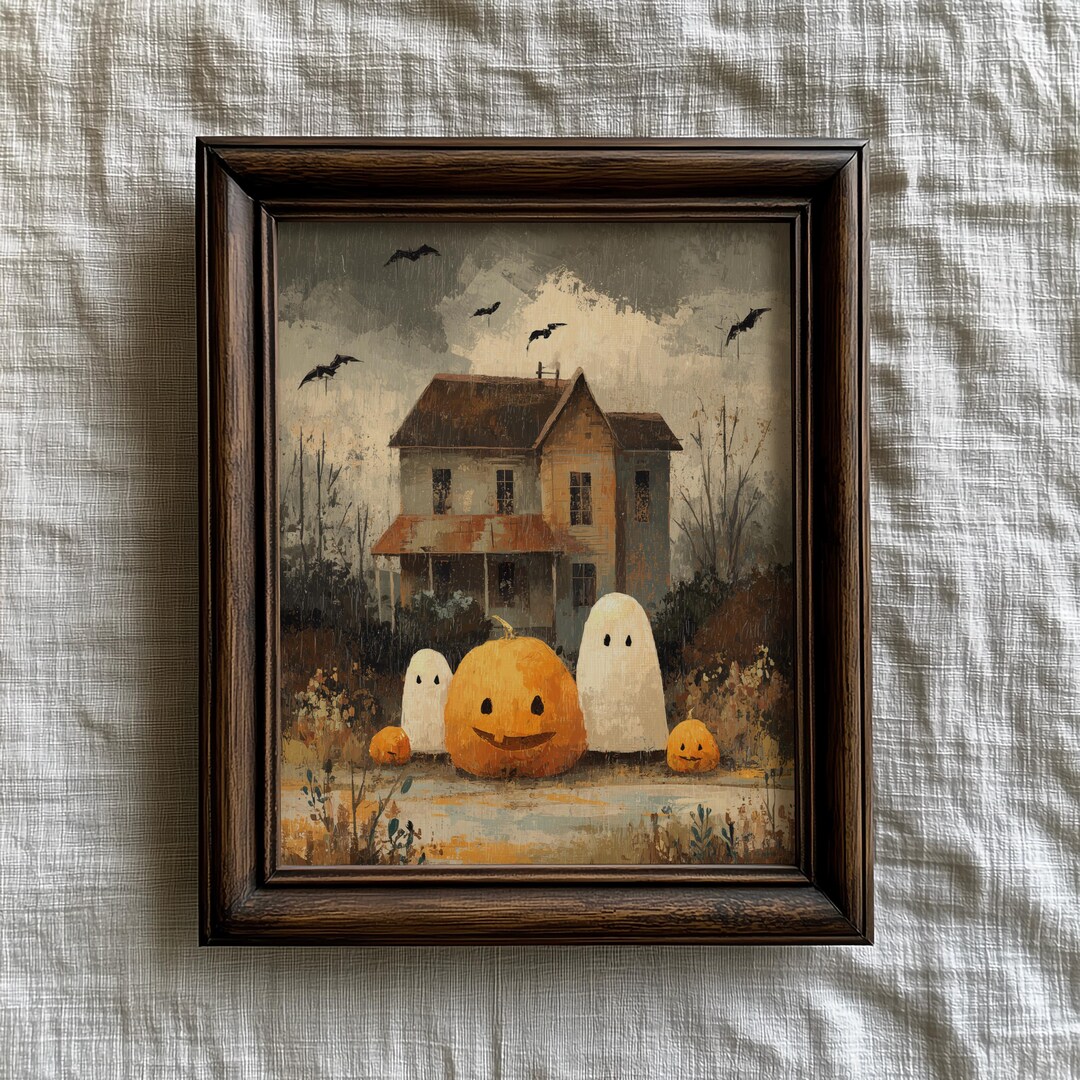 Cute Ghosts and Pumpkin Painting, Spooky Cottagecore Halloween Print ...