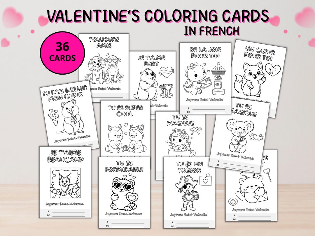 French Valentine's Day Coloring Cards, 36 Printable Valentines for Kids ...
