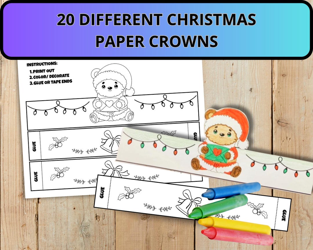 Christmas Paper Crowns for Kids, 20 Printable Holiday Headbands, Santa ...