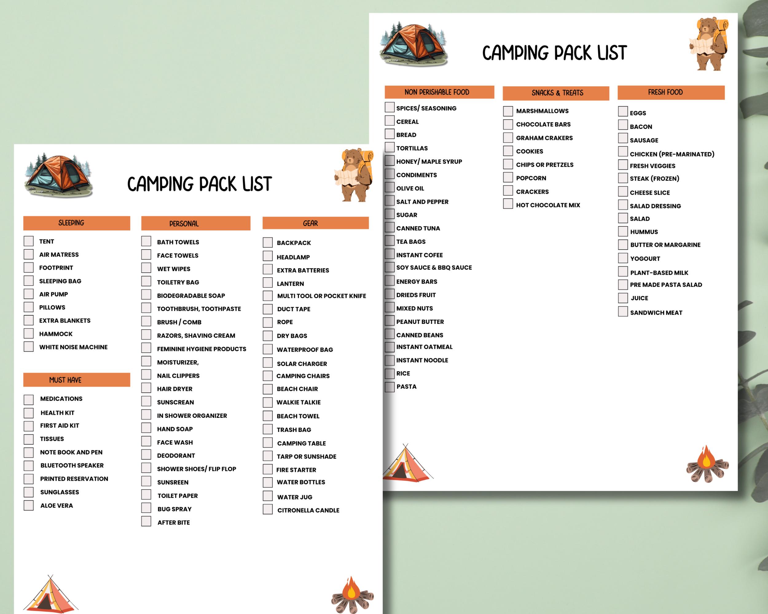 Camping Checklist Printable, RV and Tent Trip Packing List, Kid ...