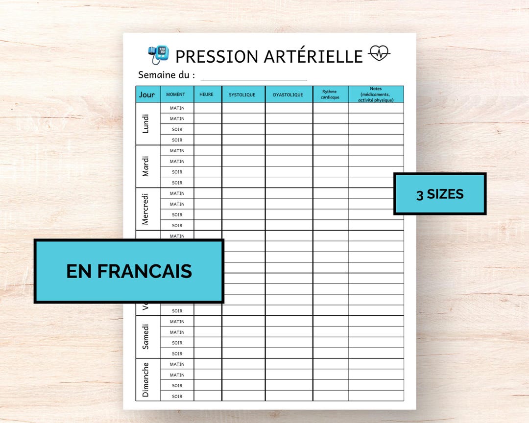 Blood Pressure Log in French, Printable Blood Pressure Tracker (letter ...