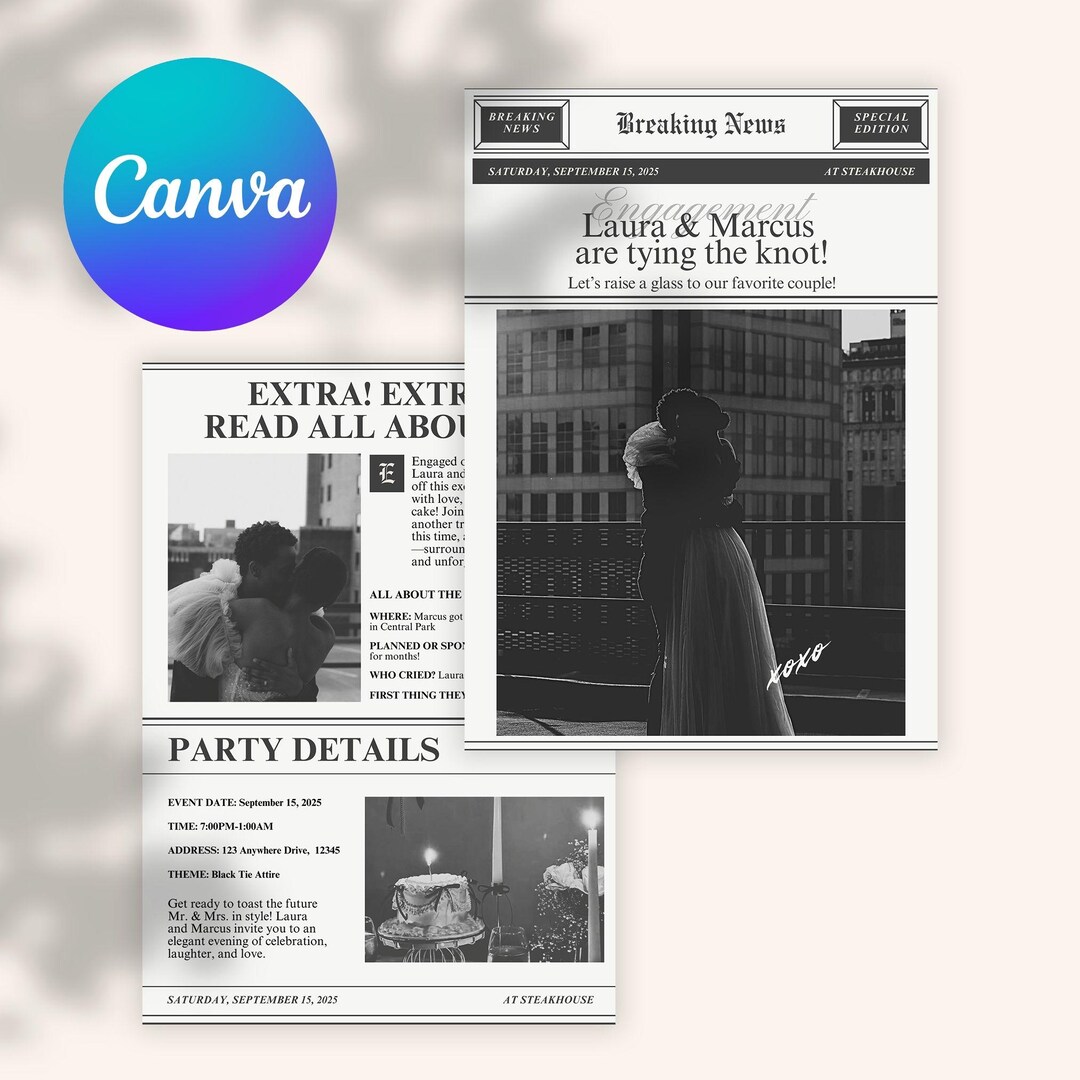 Newspaper Invite Template, Editable Canva Wedding Invite, Engagement ...