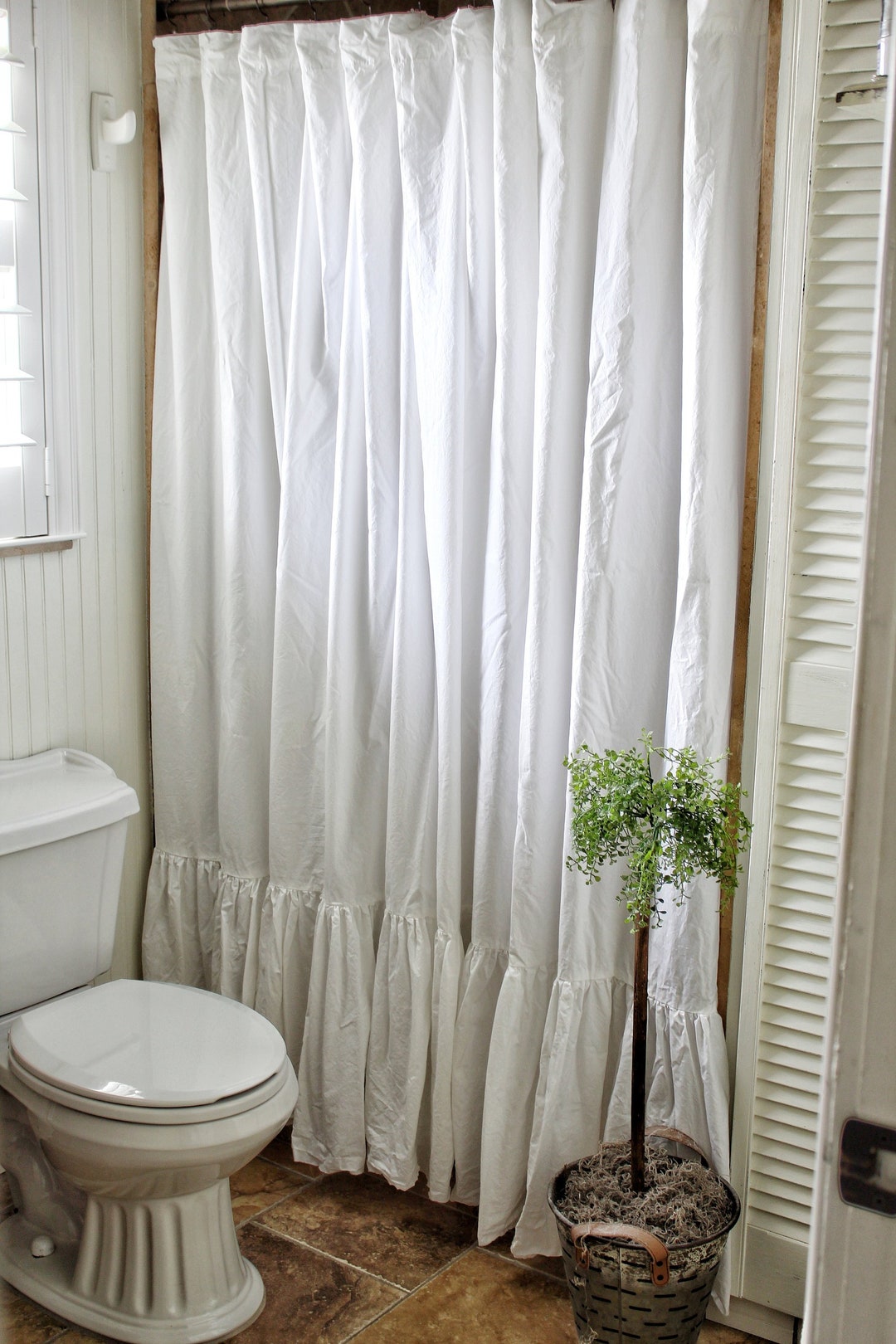 Shabby Chic Ruffled Extra Long Shower Curtain Crisp White Washed Cotton Shabby Chic Shower Curtain Etsy