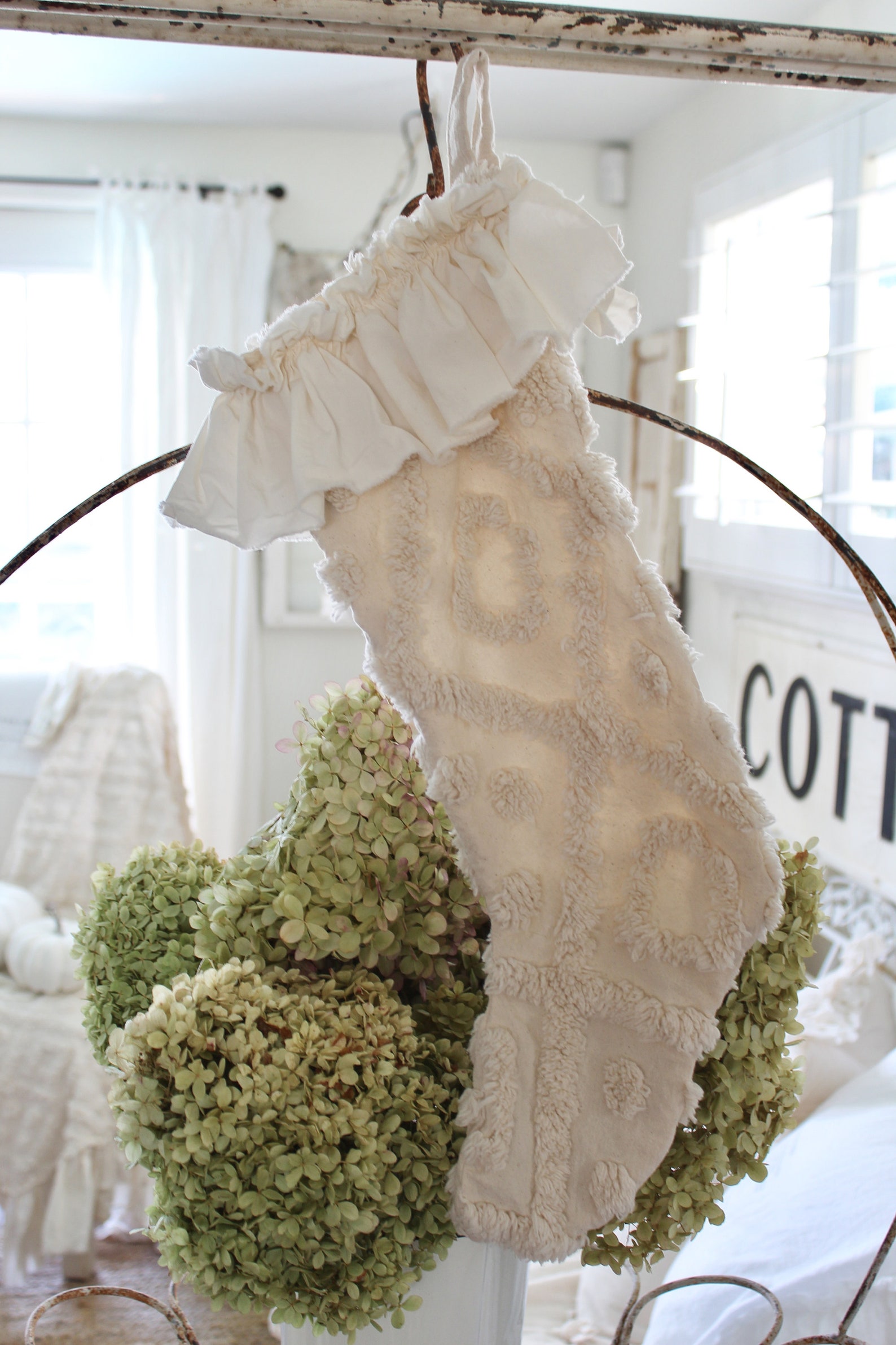 Chenille Ruffled Christmas Stocking Shabby Chic Christmas | Etsy